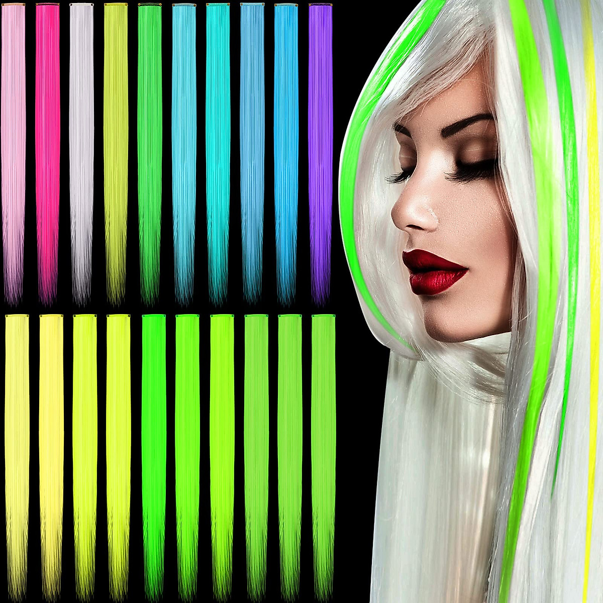 20 Pcs Glow in the Dark Hair Extensions Clip Luminous Colored Hairpieces Party Rainbow Hair Clips Synthetic Neon Fake Hair Clips Hair Accessories for DIY Women Kids Girls, 10 Color (Straight Hair)