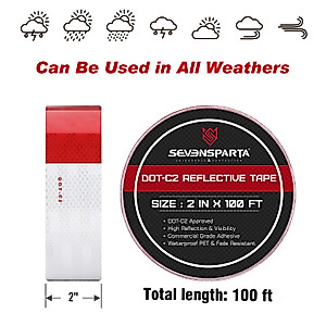 SEVEN SPARTA DOT-C2 Reflective Safety Tape 2 Inch x 200 Feet Red/White Conspicuity Tape for Vehicles, Trailers, Boats, Signs (200 FT)