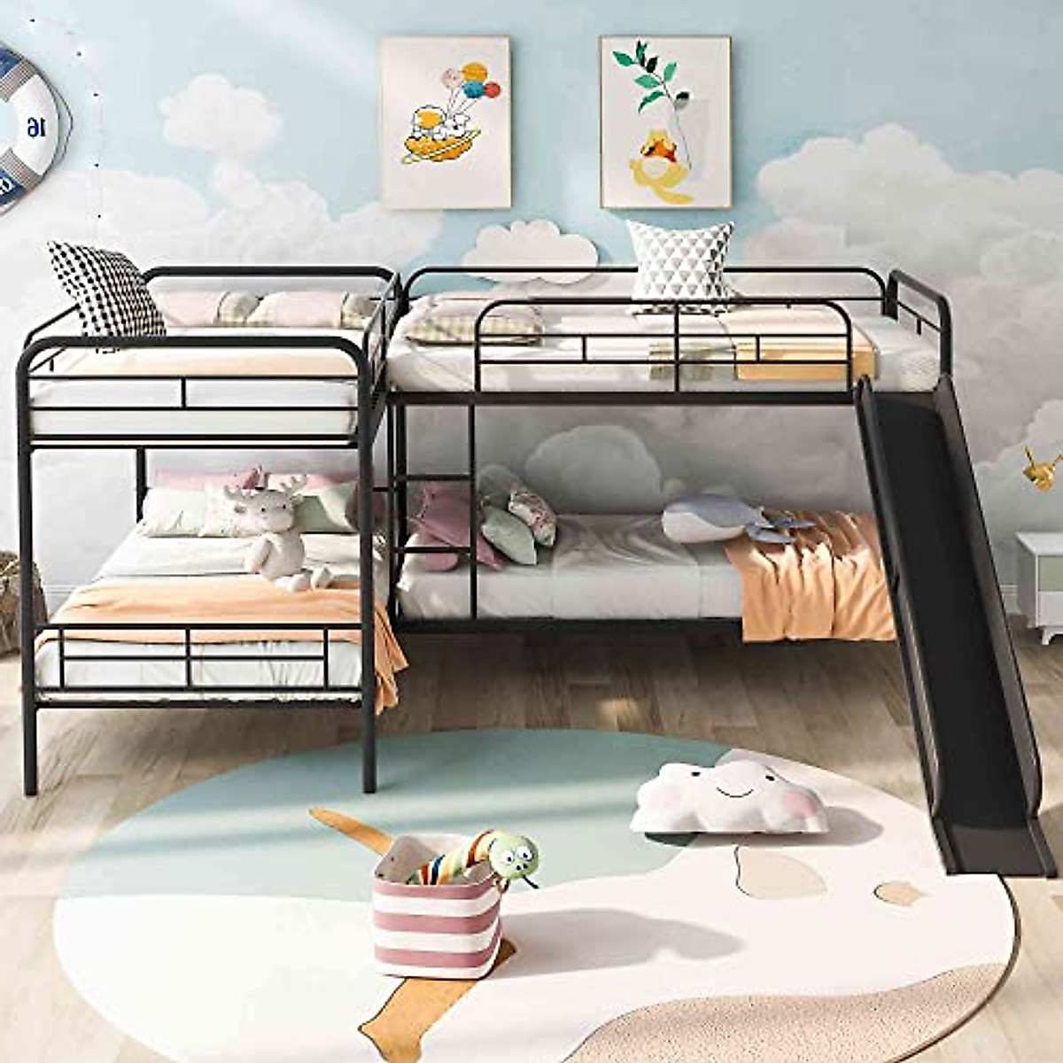 Tulib Twin Size L-Shaped Bunk Bed with Slide, Metal Bunkbed Frame w/Ladder & Safety Guardrail for 4, Bedroom, Home, No Spring Box Needed, Black