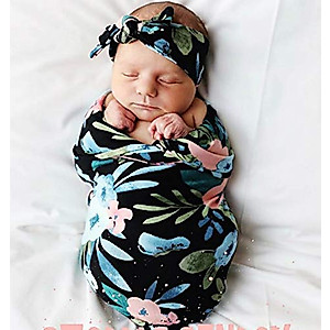 MarJunSep Newborn Baby Swaddle Blankets Headbands Beanie Hats Sets Including 3 Pack of Receiving Blanket & Headband & Beanie Hat Floral Pattern Swaddle Sack for Baby Shower Infant Gift (0-3 Months)