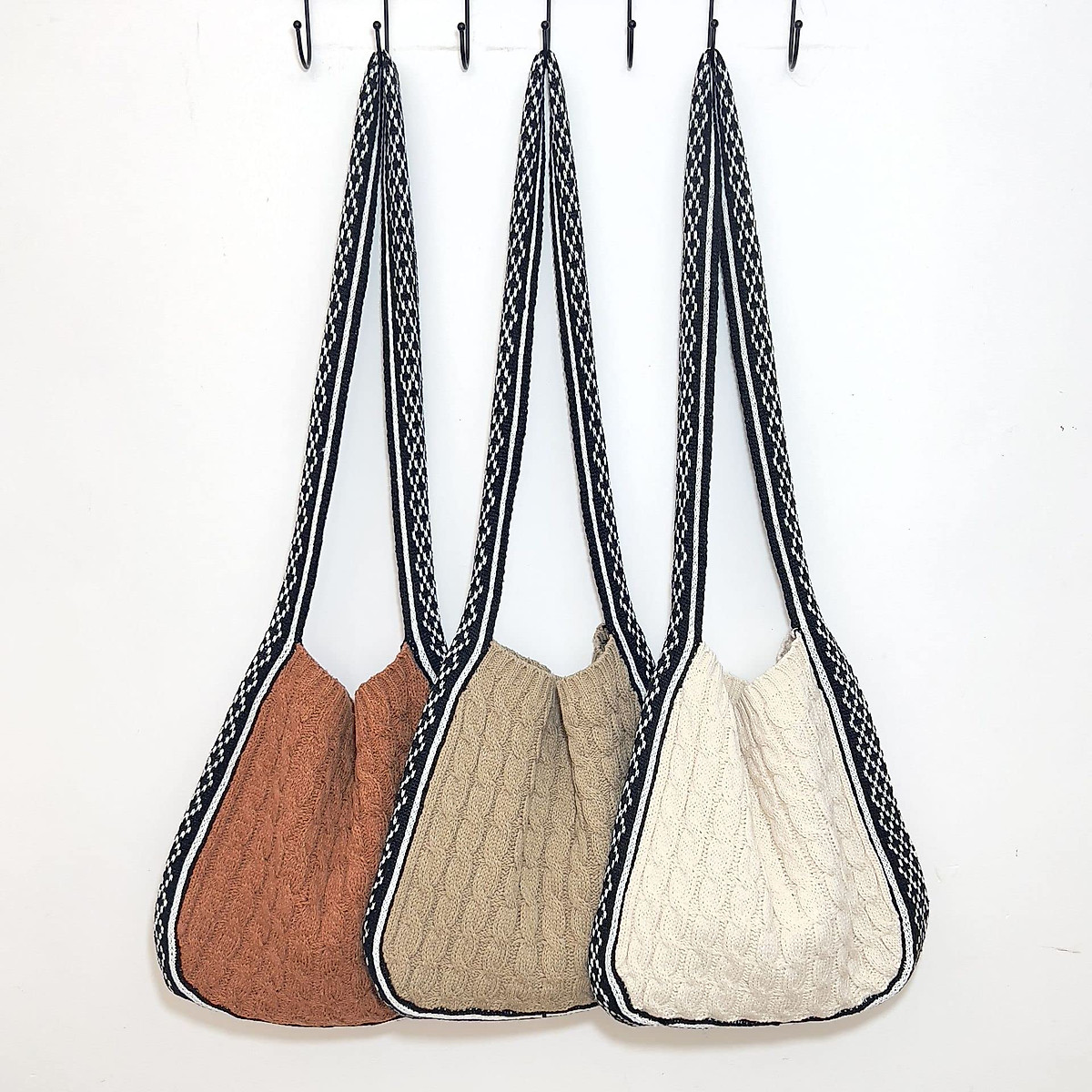 Fairy Grunge Knitted Shoulder Bags Y2K Fairycore Tote Bag Aesthetic Crochet Hobo Crossbody Bag Indie Purse Accessories (Beige)