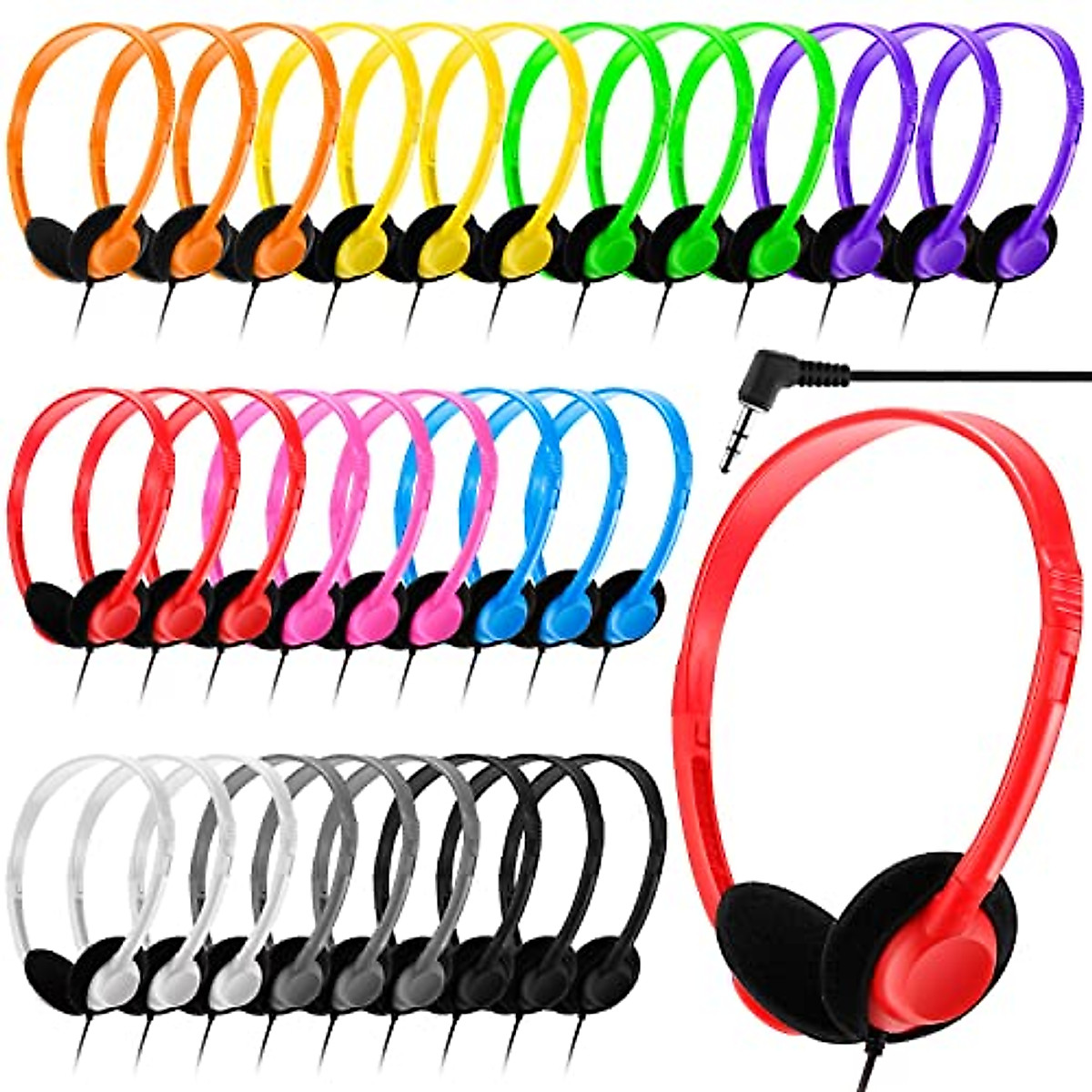 30 Pack Class Set Headphones for Kids School Earphones over Head Bulk Colored Classroom Headphones on Ear Earbuds Adjustable with 3.5 mm Jack for Libraries Students Teens Adults, Individually Wrapped