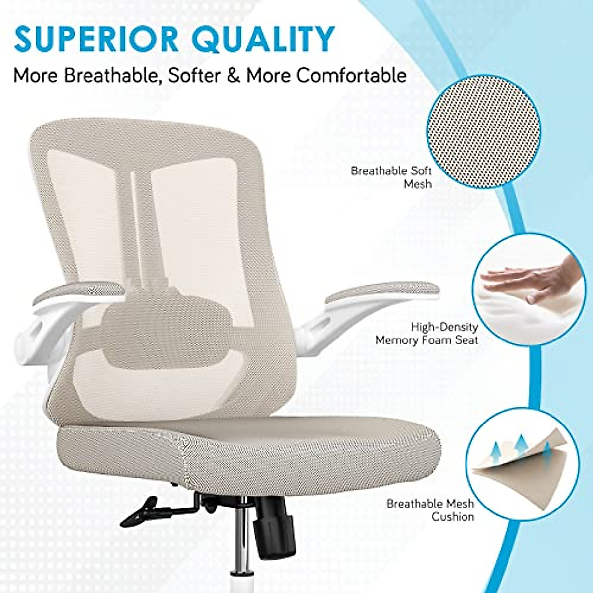 balmstar Ergonomic Chairs For Home Office Desk , Breathable Mid-Back Comfortable Mesh Computer Chair with PU Silent Wheels, Flip-up Armrests, Tilt Function, Lumbar Support (Khaki)