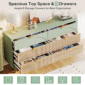 Tribesigns 6-Drawer Dresser for Bedroom: 55 Inches Modern Chest of Drawers with Gold Metal Handles, Green Long Double Dresser Organizer Wood Cabinet for Bedroom, Closet, Living Room