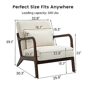 Unovivy Mid-Century Modern Accent, Upholstered Lounge Armchair with Wood Frame Thick Padded Backrest & Seat Cushion, Single Sofa Chair for Living, Bedroom, Reading Room, ‎30" Depth, White