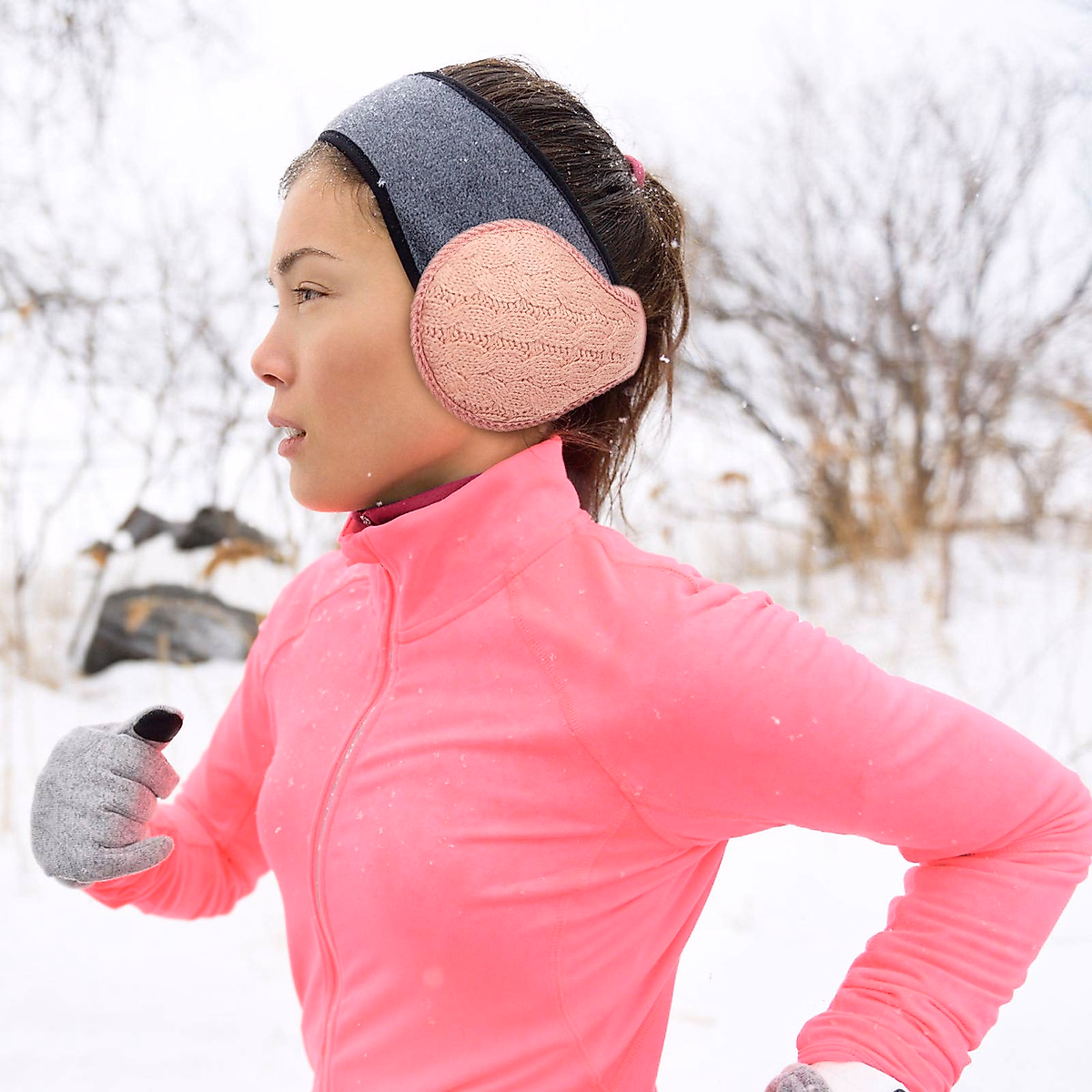 Syhood 2 Pieces Foldable Ear Warmers Adjustable Knitted Earmuffs with Fuzzy Fleece Lining Unisex Furry Winter Earmuffs (Pink and Grey)