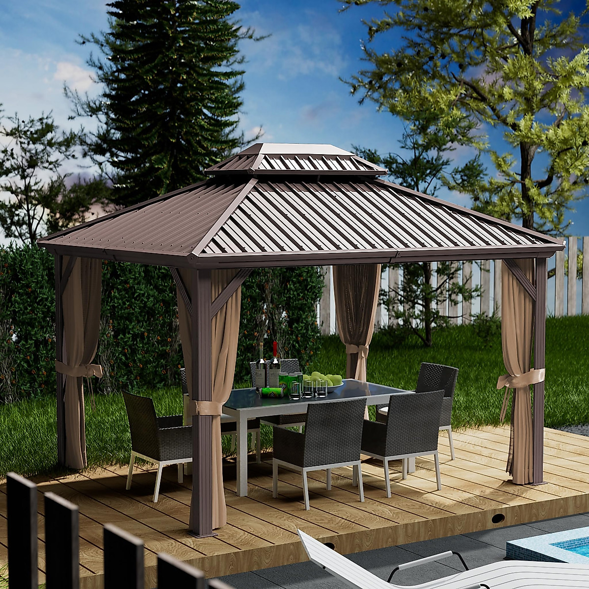 Kozyard 10'x12' Hardtop Gazebo - Permanent Metal Pavilion with Netting and Shaded Curtains for Patio, Backyard, and Deck - Galvanized Steel Outdoor Aluminum Canopy, Double Roof Gazebo (Brown)