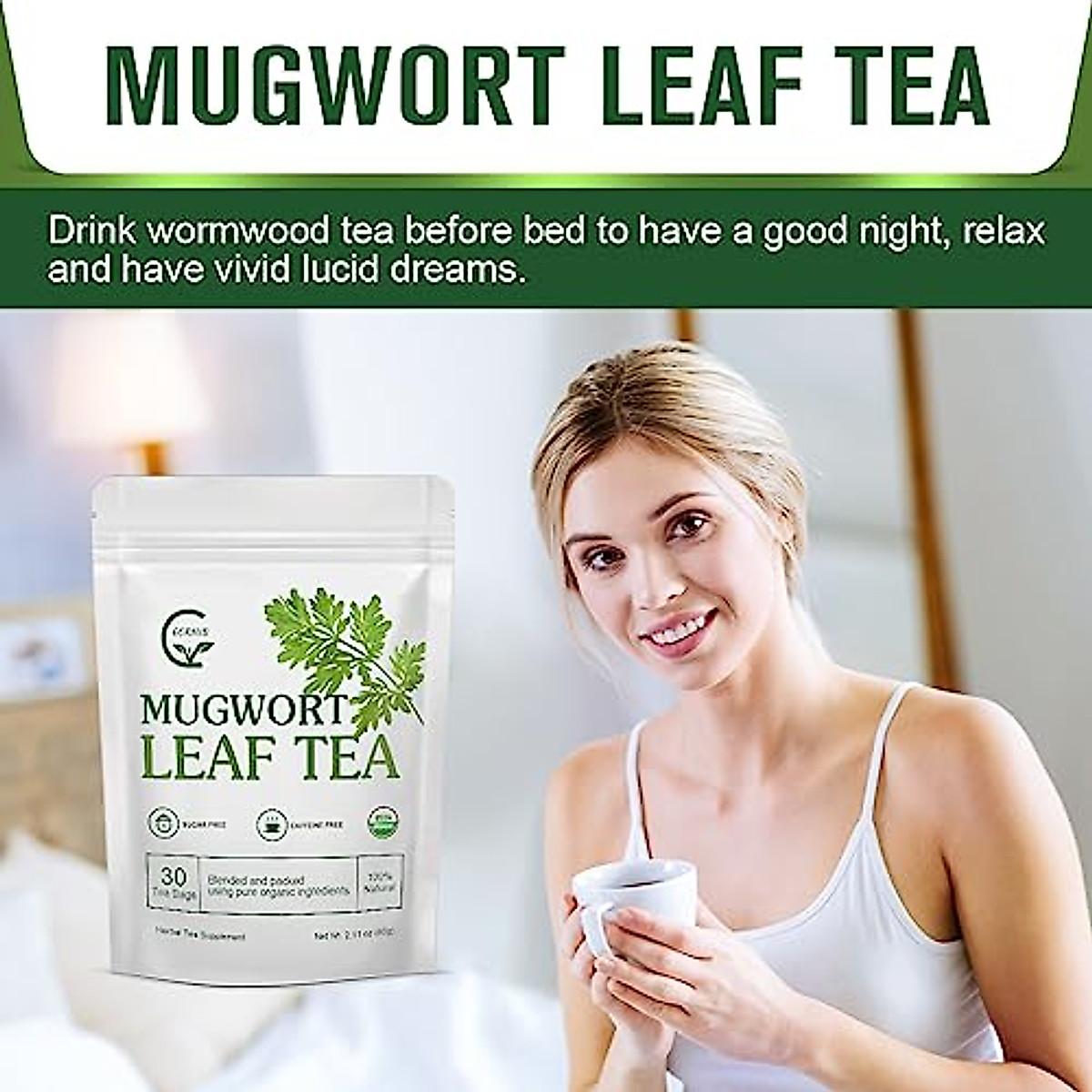 Organic Mugwort Tea Bags - Mugwort Herb Dried Leaves, Pure Natural Artemisia Vulgaris Herbal Tea, Caffeine Free, 30 Tea Bags