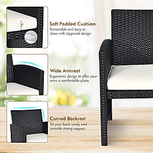 Goplus 4-Piece Rattan Patio Furniture Set, Outdoor Wicker Conversation Sofa with Weather Resistant Cushions and Tempered Glass Tabletop for Lawn Backyard Pool Garden (White(Black Wicker))