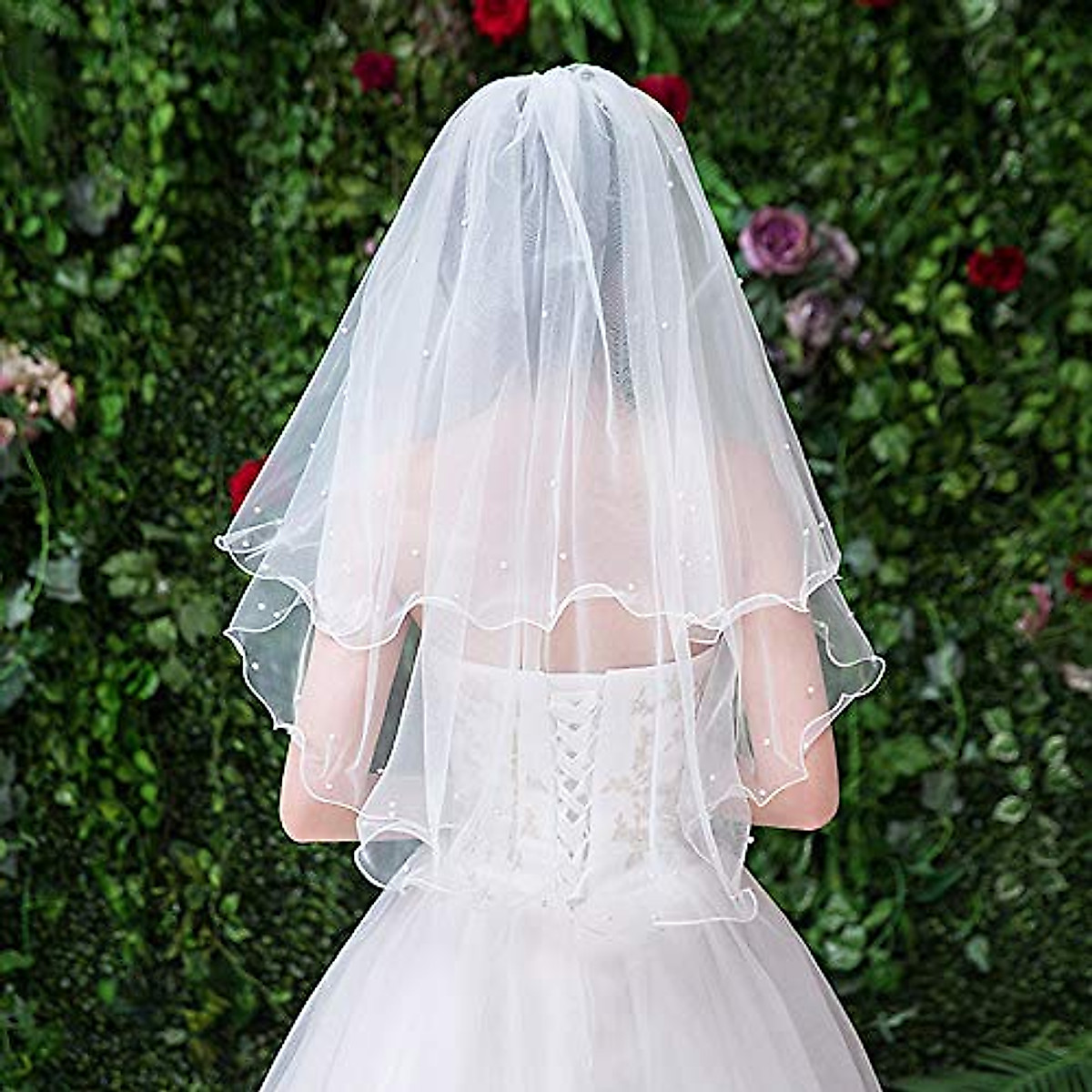 Wedding Veil,White Bridal Veil with Comb, 3 Tier Ribbon Edge with Pearl Center Cascade for Bachelorette Party