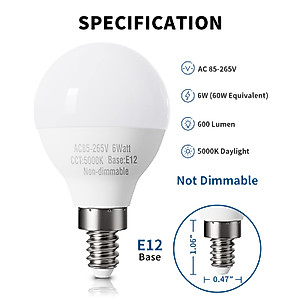 8 Pack E12 LED Ceiling Fan Light Bulbs 120V 60W Eqv., Daylight 5000K, A15 Candebalra Light Bulbs Small Base, Bright LED Bulb Round, Not Dimmable