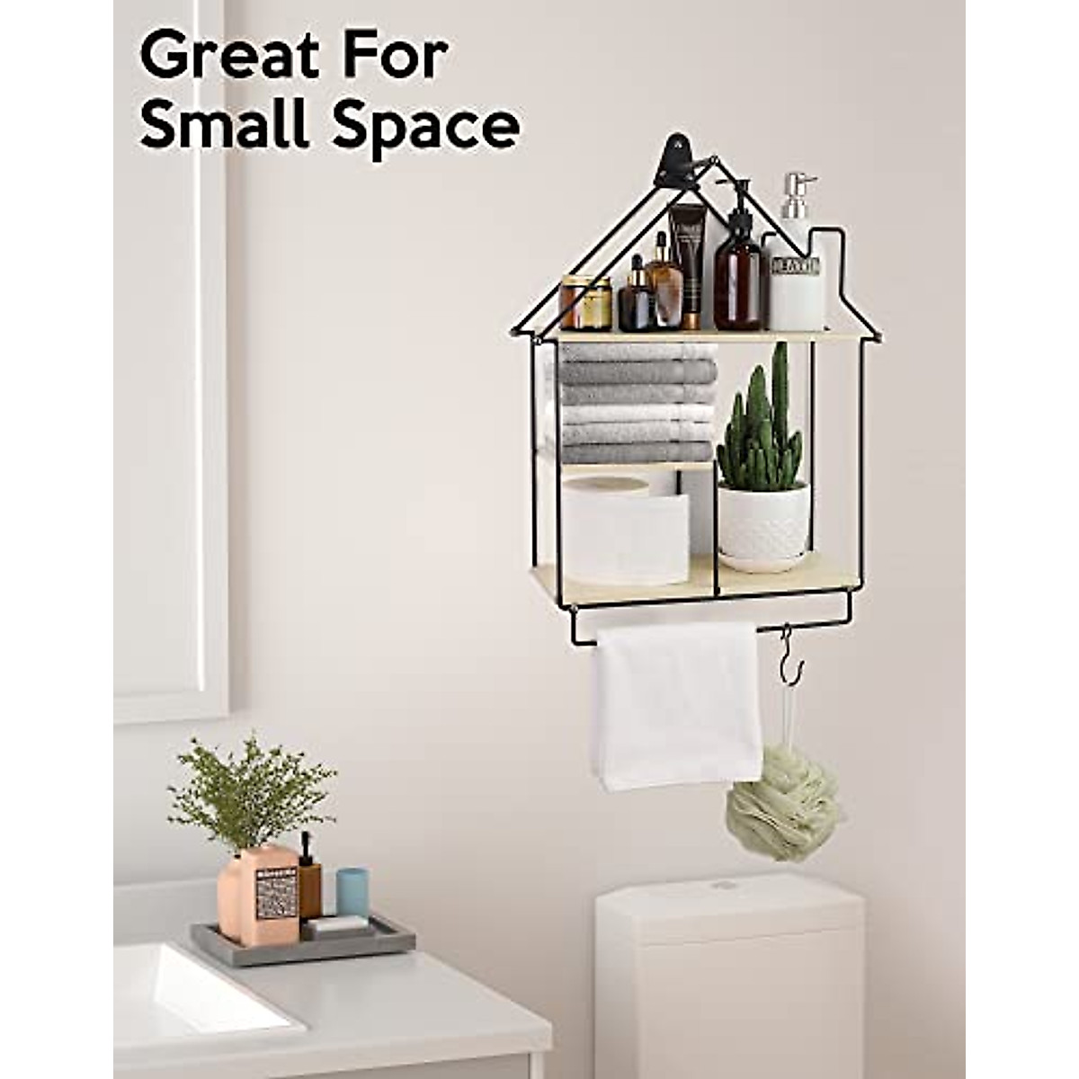 Tikea Floating Shelves, House-Shaped Wall Mounted Shelves for Storage, Modern Farmhouse Hanging Shelf with Metal Frames and Addition Hooks for Living Room Bedroom Bathroom Entryway Decor