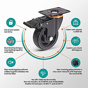 4 Inch Caster Wheels, Casters Set of 4 Heavy Duty with Brake, Polyurethane Foam No Noise Wheels, Safety Dual Locking Plate Industrial Casters, Loading 2000lbs (Two Sets Hardward Kits)