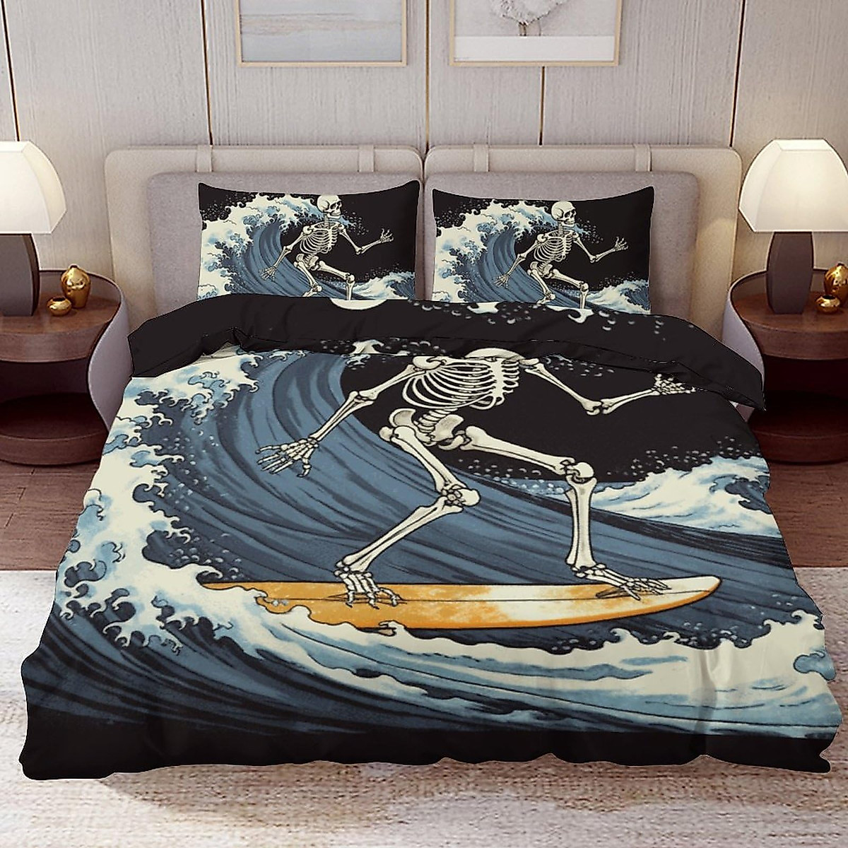 Delerain Comforter Set Queen Size, Skeleton Surfing Surfboard 3-Piece Bedding Set for Women Men Modern Soft Microfiber Bedroom Set Room Decor, 1 Duvet Cover + 2 Pillowcases
