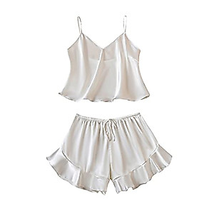SOLY HUX Women's Sexy Silk Satin Ruffled Pajamas Sets Cami Shorts Sets Sleepwear Solid White M