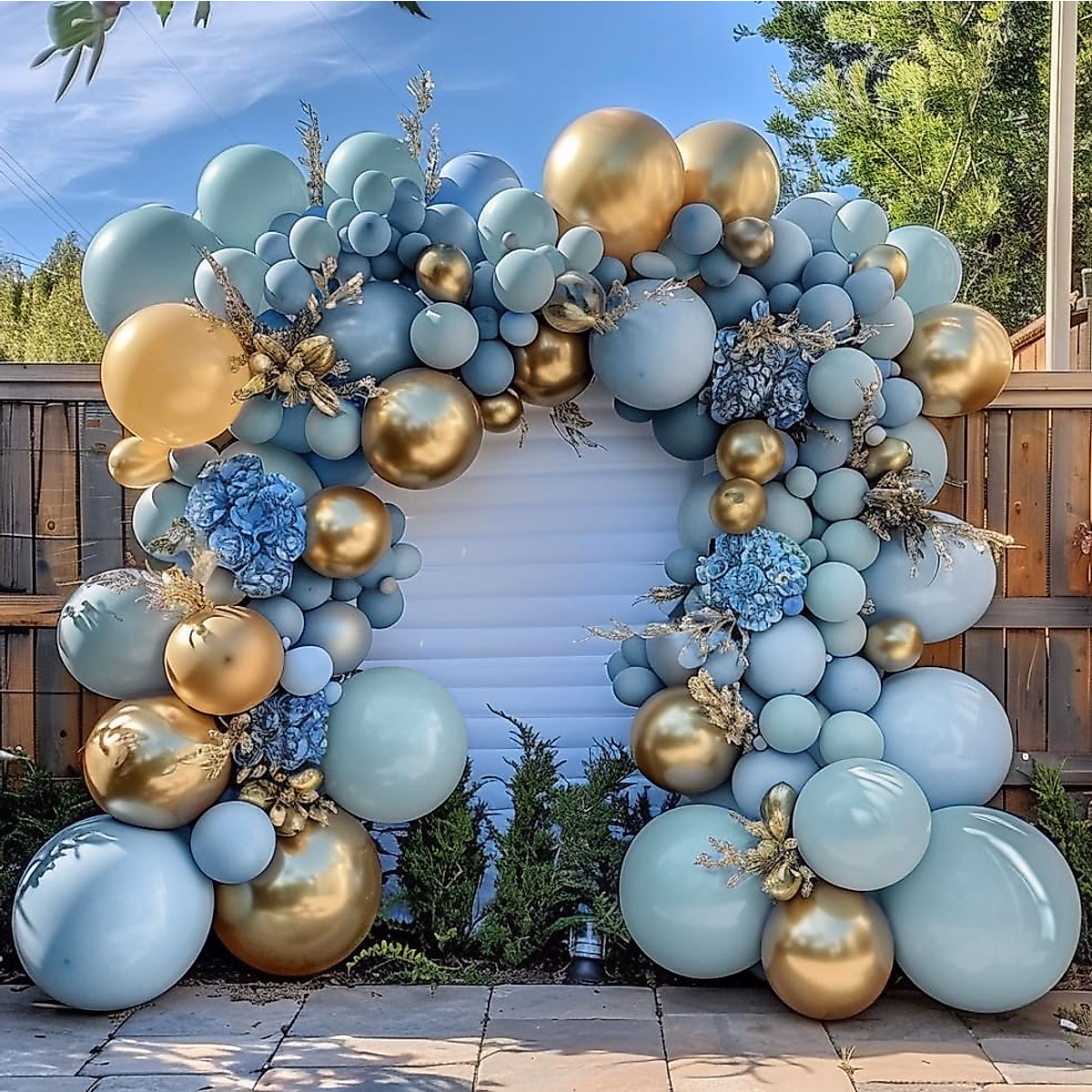 Captank Dusty Blue Balloon Garland - Pastel Blue Double Stuffed Slate Blue Balloons Different Sizes Blue Gold Balloon Garland Kit for Boy Birthday Baby Shower Wedding Anniversary Party Decorations