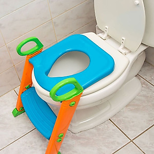 Potty Training Toilet Seat Chair with Sturdy Anti-Slip Step Ladder for Kids Boys Girls Toddlers - Comfortable w/Handles - Portable Safety Potty Trainer Step Stool (Orange/Blue)