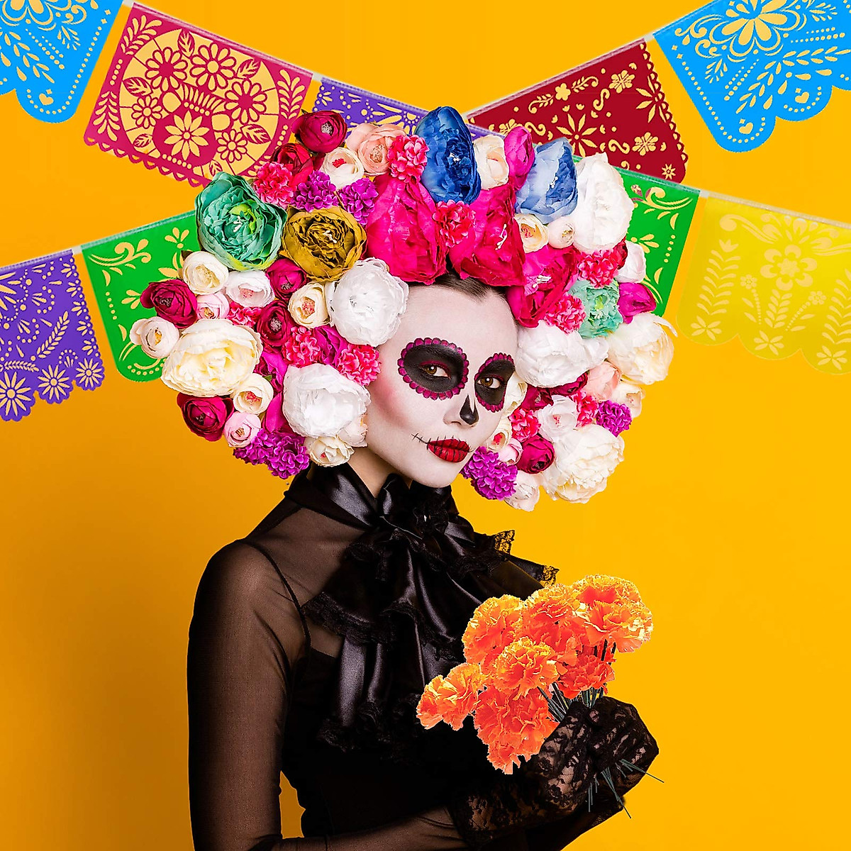 WILLBOND 74 Pieces Faux Marigold Flower Mexican Banners Mexican Party Decoration Plastic Papel Picado Banner Day of The Dead Decor for Mexican Party Papel Picado Fiesta (Orange)