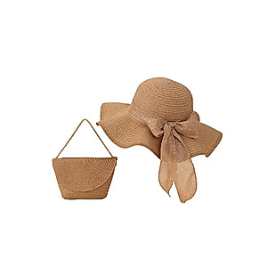 Verdusa Women's Bow Wide Brim Straw Sun Hat and Crossbody Straw Bag Set Khaki One-Size