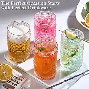 Mfacoy Large Vintage Hobnail Drinking Glasses Set of 6, 14 oz Cocktail Glasses,Highball Glasses, Embossed Glass Cups, Clear Water Tumbler, Glassware for Beer, Juice, Cocktail, Whiskey, Milk
