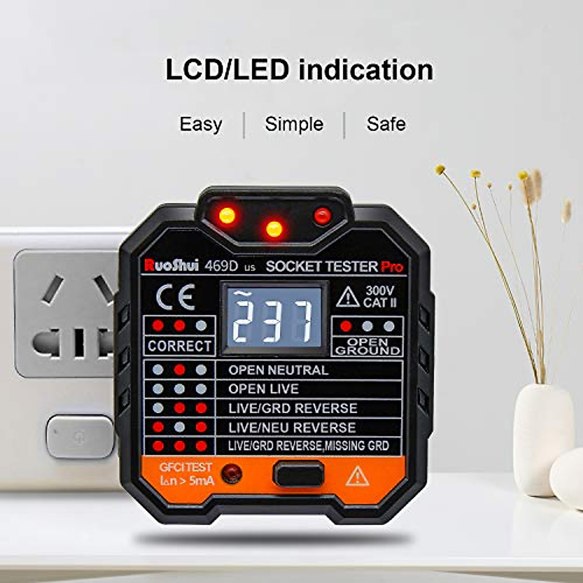 Ruoshui Outlet Tester 48-250V, GFCI Tester CAT II 300V, Receptacle Tester with Voltage Display, Standard US Electrical Socket Tester with 7 Visual Indications for Home & Professional Use…