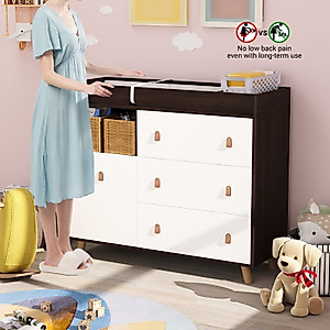 Timechee Baby Changing Table Dresser, Modern Nursery Changing Dresser Chest with 3 Drawers & 1 Shelf, Diaper Changing Pad, Storage Changing Dresser (Brown)