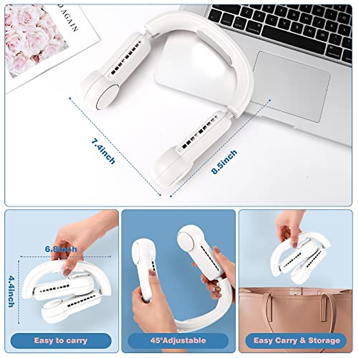 Instant Cool Portable Neck Fan with 360° Cooling, Bladeless and Rechargeable, Quiet and Cool with 3 Speeds, Lightweight and Adjustable Fit, Hands-Free for Home, Travel, or Outdoor Wear White