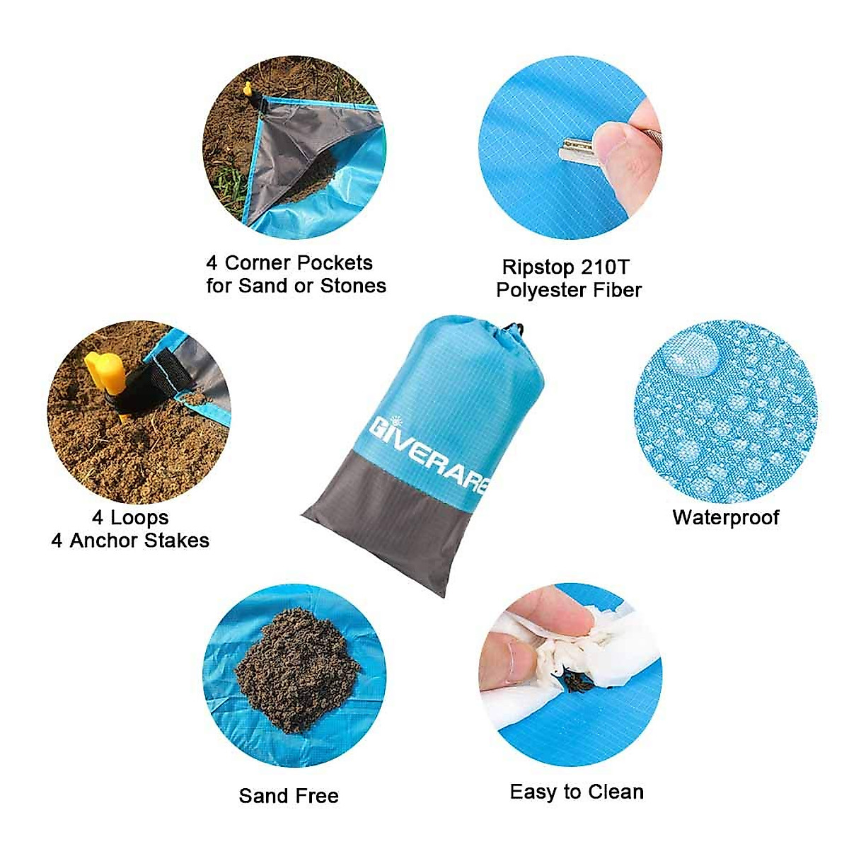 GIVERARE Sandfree Beach Blanket, Waterproof Picnic Blanket, Quick Drying Indoor&Outdoor Family Mat with 4 Stakes&4 Corner Pockets for Travel, Camping, Hiking, Music Festival