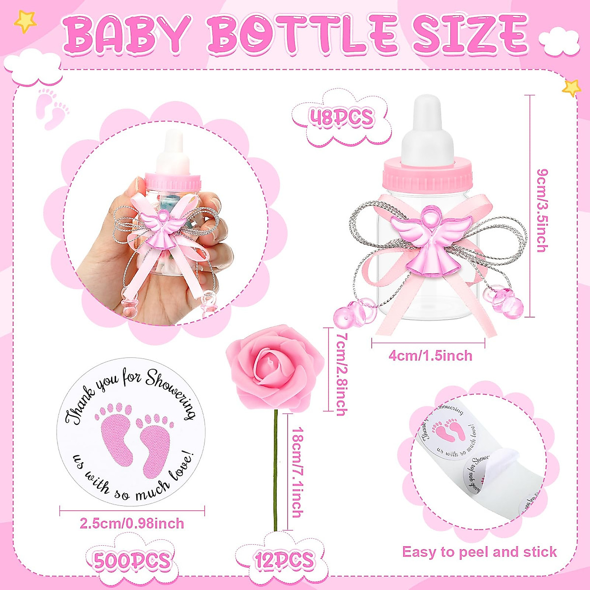 Vesici 61 Pcs Baby Shower Party Favors Set, 48 Mini Angel Milk Bottles 1 Roll Thanks Sticker 12 Artificial Roses for Newborn Baptism Party(Pink)
