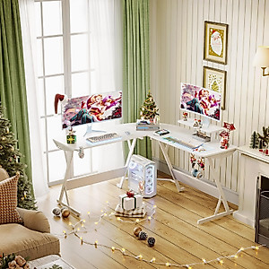 MOTPK White L Shaped Gaming Desk, 51 Inch Gamer Desk Gaming Table with Carbon Fiber Texture, Corner Computer Desk L Shape with Monitor Stand & Cup Holder & Headphone Hook, Gift Ideas