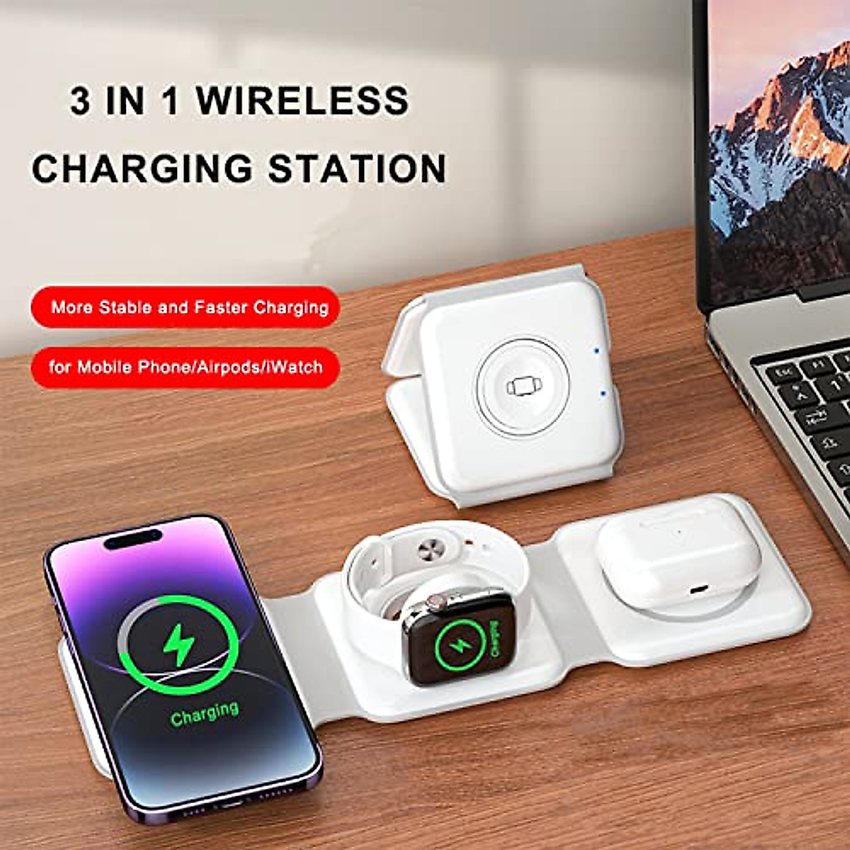 3 in 1 Magnetic Foldable Wireless Charger,3 in 1 Charging Station for Multiple Apple Devices-Travel Charging Pad Dock,for iPhone14/Pro/Max/Plus/13/12 AirPods 3/2/Pro,iWatch(Adapter not Included)