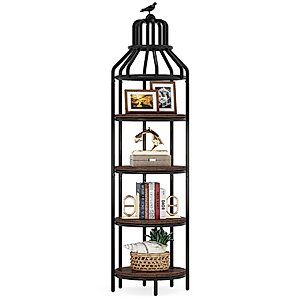 Tribesigns 4-Tier Corner Bookshelf, Industrial 4 Shelf Corner Bookcase Small Book Shelf, Round Floor Standing Display Storage Rack Organizer for Living Room, Home Office, Small Space (Rustic Brown)