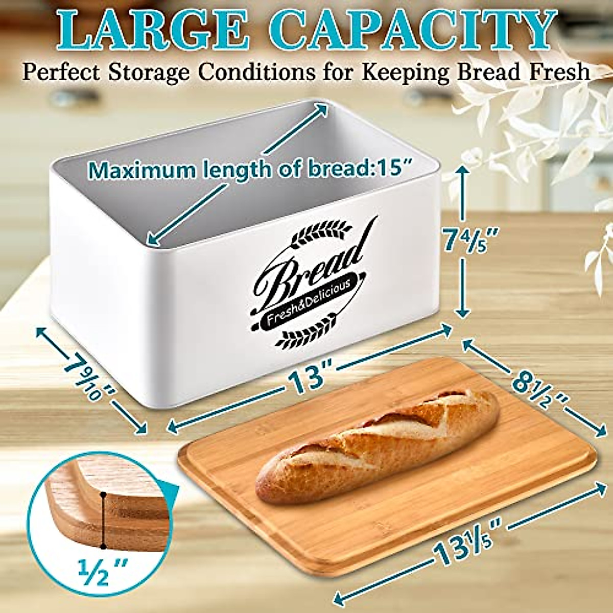 AOSION Metal Bread Box for Kitchen Countertop, All-In-One Large Bread Boxes with Bamboo Cutting Lid, Bread Storage Fresher For Longer, White