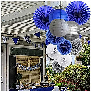 zorpia Outer Space Birthday Party Decorations 1st Birthday Boy Prince Party Decorations with Navy Silver Tissue Pom Poms Decorations Happy Birthday Banner Navy Blue Glitter Silver Paper Star Garlands
