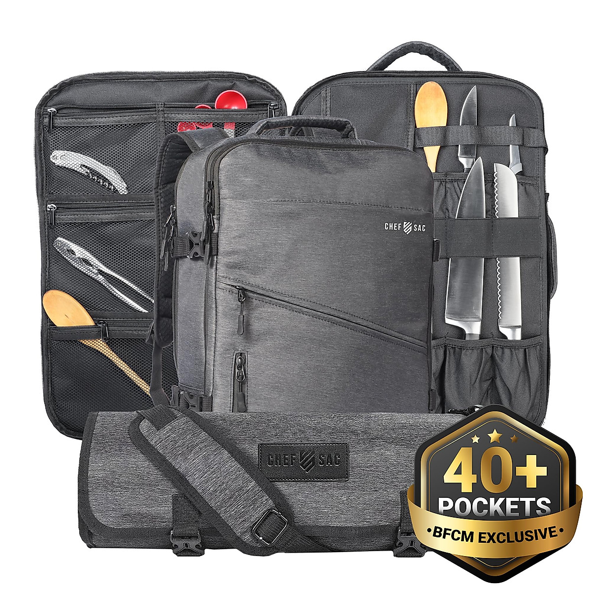 Chef Knife Bag Backpack Set with Knife Roll | Knife Case with 40+ Pockets for Knives and Culinary Tools | Great Knife Bag for Chefs & Culinary Students | Knives & Tools Not Included