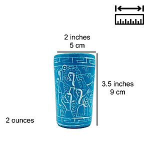 Casa Fiesta Designs Colorful Mexican Shot Glasses, Hand-painted in Mexico - Great for Tequila, Mezcal and Sangrita, 2 oz - Tequilero Historias (Pack of 2) (Turquoise)