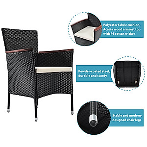 VilroCaz 6 Person Outdoor PE Wicker Dining Table Set with Acacia Wood Tabletop and Armrest, 7 Piece All Weather Conversation Set, Patio Garden Dining Set with Removable Cushion (Reddish-Brown)