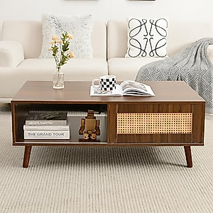 Ganooly Mid Century Modern Coffee Table with Storage, 43.3 Inch Rectangle Wooden Accent Center Table with Sliding PE Rattan Woven Door Panel and Solid Wood Legs, Suitable for Living Room, Apartment
