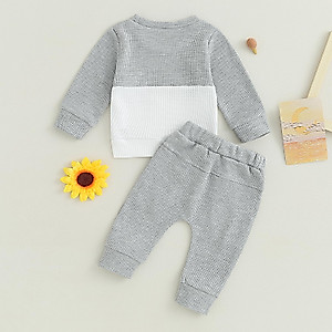 One opening 0-3T Toddler Baby Boy Clothes Patchwork Waffle Sweatshirt Pullover Shirt Top Long Pants Infant Boy Fall Winter Outfit (Gray, 0-6 months)