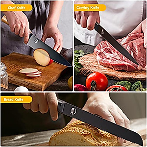 Knife Set, RITSU 7 Pieces Kitchen Knife Set with Block - Ultra Sharp Professional Chef Knife Set with Black Non-stick Coating Blade