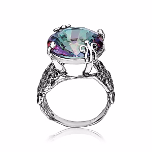 925 Sterling Silver Wide Band Ring With A Mystic Bold Oval Round Cubic Zirconia Floral Show Stopper Hypoallergenic, Nickel and Lead-free, Artisan Handcrafted Designer Collection, Handmade Jewelry Gift