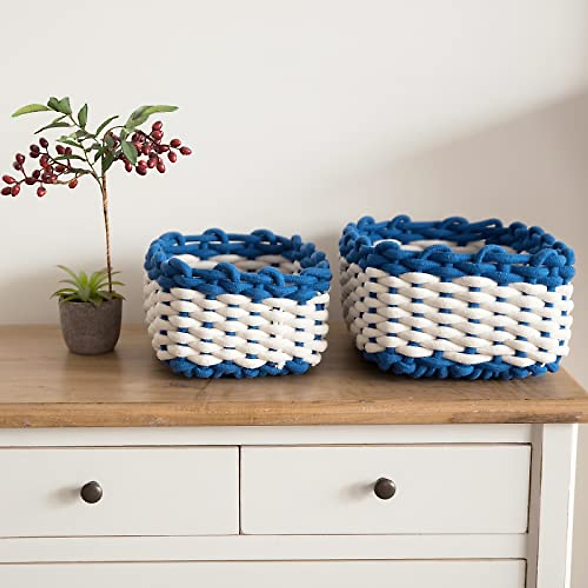 R RUNKA Small Rope Baskets for Clothes, Toys, Towels, Books - Set of 3,Decorative Baskets for Home Decor,Small Baskets for Gifts | Boho Baskets, Small Woven Basket for Nursery (Blue & Off White)