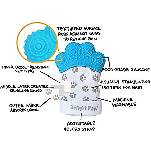 Delight Paw Baby Teething Mitten Mom Designed | Self Soothing Pain Relief | Hygienic Travel Bag | No BPA | Baby Boy Baby Girl | Babies Over 3 Months | Bubbly Blue | 2 Pack