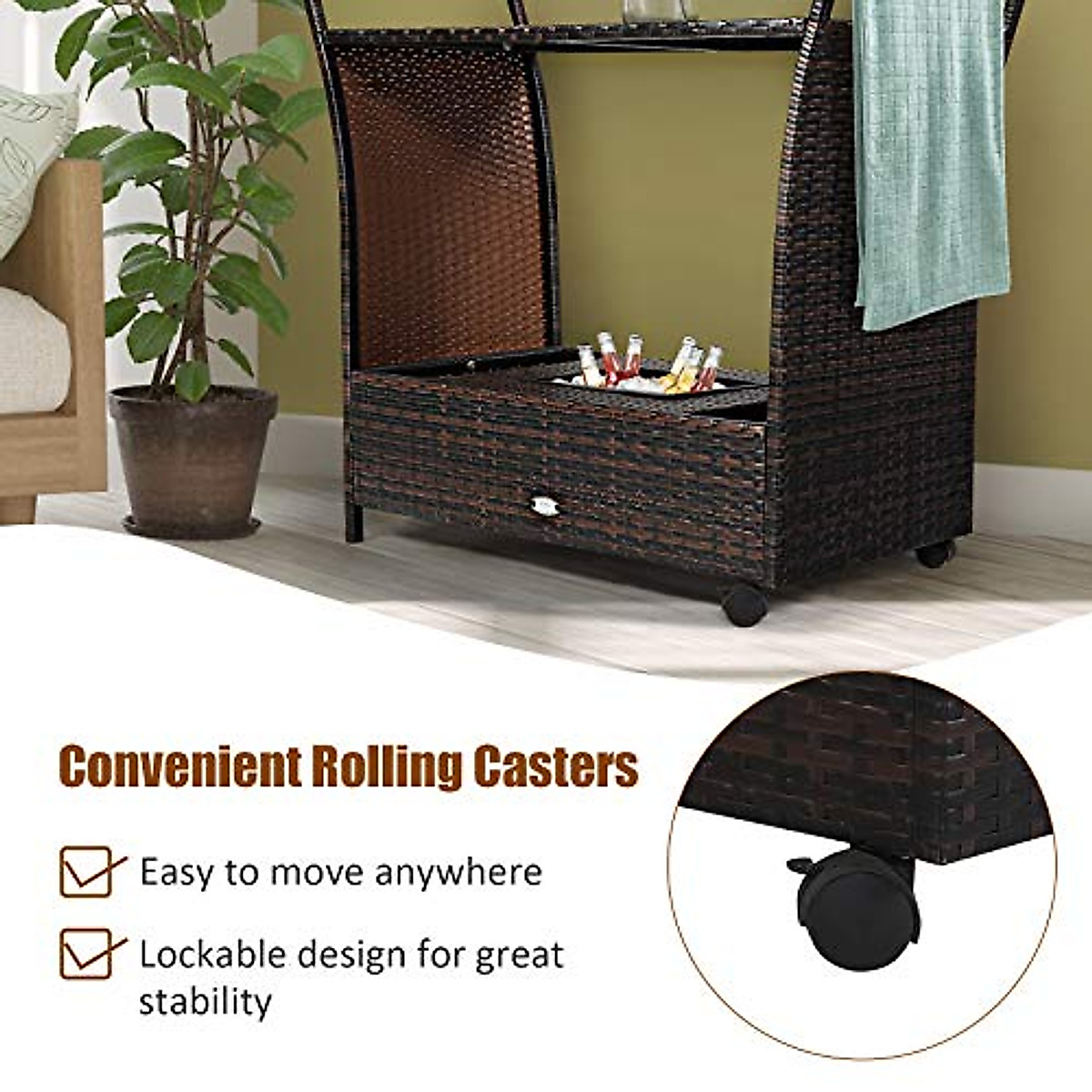 Tangkula Outdoor Wicker Bar Cart, Patio Wine Serving Cart w/Wheels & Removable Ice Bucket, Rolling Rattan Beverage Bar Counter Table w/Glass Top for Porch Backyard Garden Poolside Party, Mix Brown