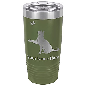 LaserGram 20oz Vacuum Insulated Tumbler Mug, Cat with Butterfly, Personalized Engraving Included (Camo Green)