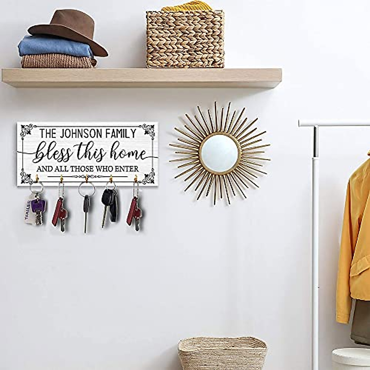 MUCHNEE Personalized Wooden Key Holder Wall Décor with Custom Family Name - Bless Home & People Enter, Key Ring Holder Hook Art with 5 Hooks for Wall, Entryway - Housewarming Gift for Family, Friends