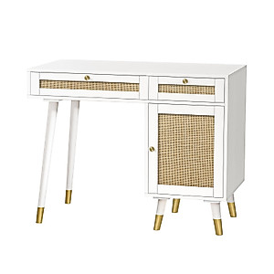Anmytek Rattan Vanity Desk with Drawers and Storage, White Makeup Vanity Table Modern Home Office Desk Computer Desk for Study D0006