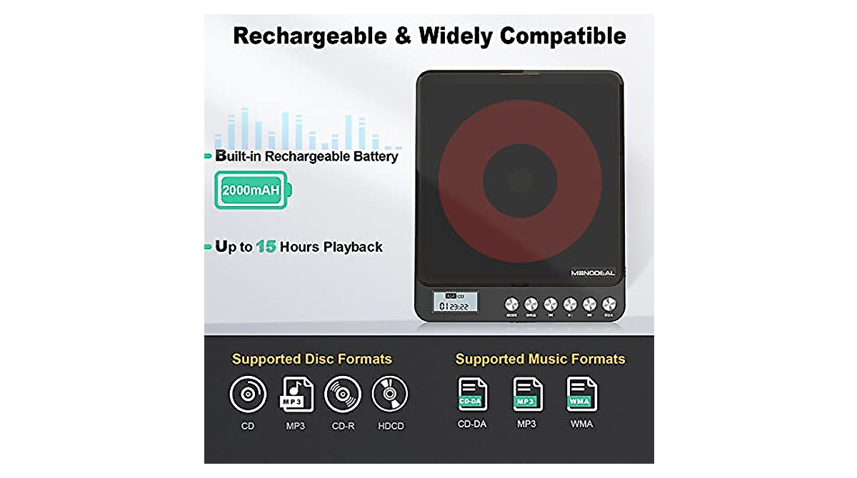 Portable CD Player with Speakers - Rechargeable & Anti-Skip | MONODEAL