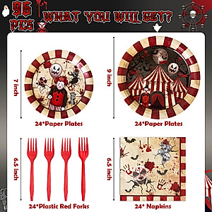 G1ngtar 96Pcs Halloween Circus Party Plates Supplies - Creepy Carnival Party Tableware Decoration Horror Evil Skull Disposable Paper Plates Napkin Fork for Kids Birthday Baby Shower, Serves 24