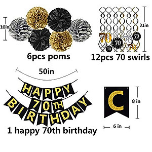 Famoby Black & Gold Glittery Happy 70th Birthday Banner,Poms,Sparkling 70 Hanging Swirls Kit for 70th Birthday Party 70th Anniversary Decorations Supplies